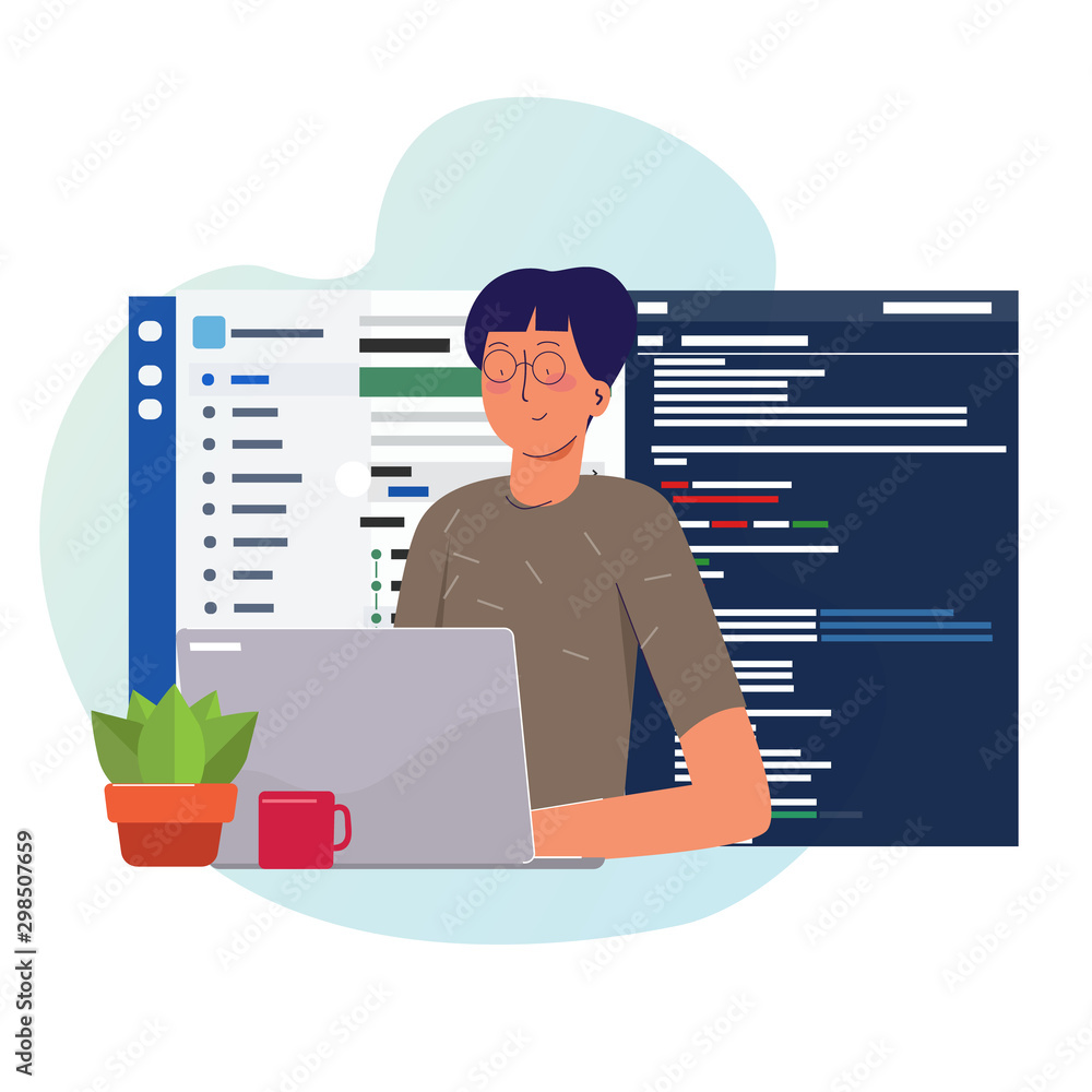 Programmer working writing code on laptop with line of code programming ...