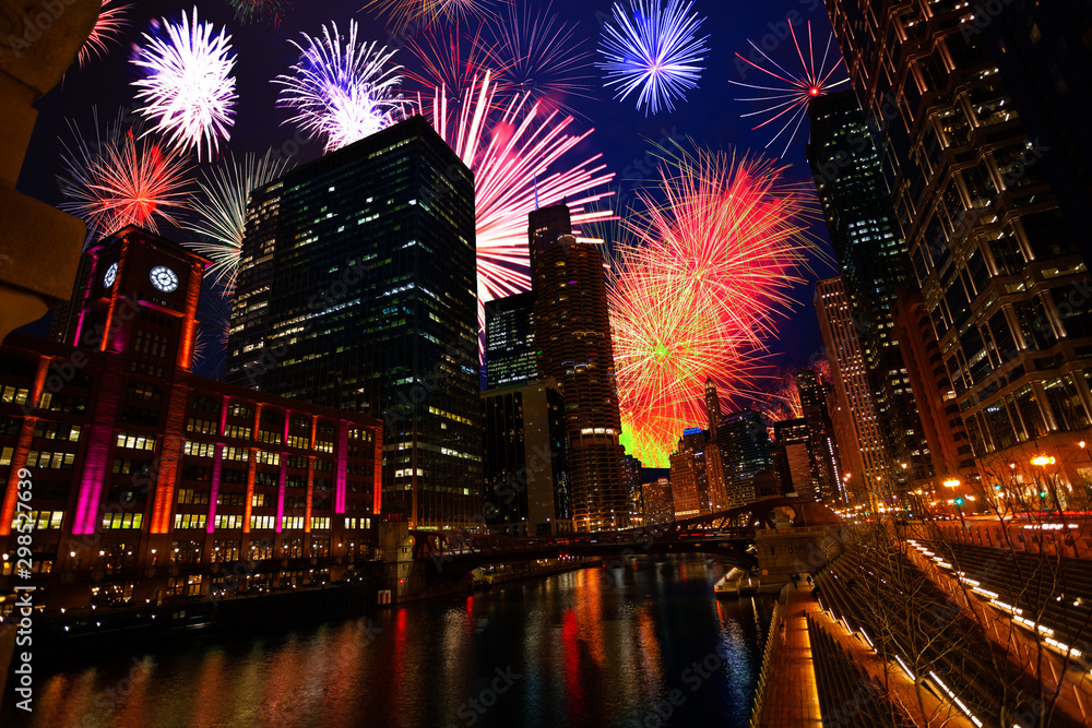 Chicago downtown with fireworks show at night Stock Photo | Adobe Stock