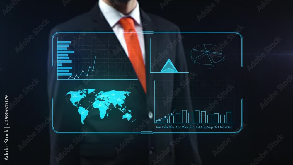 Businessman working on a holographic interface. Man touching a visual ...