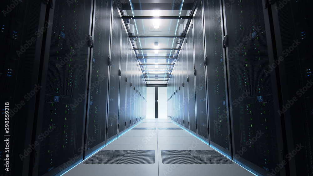 Camera moving along the narrow corridor in data center with server ...