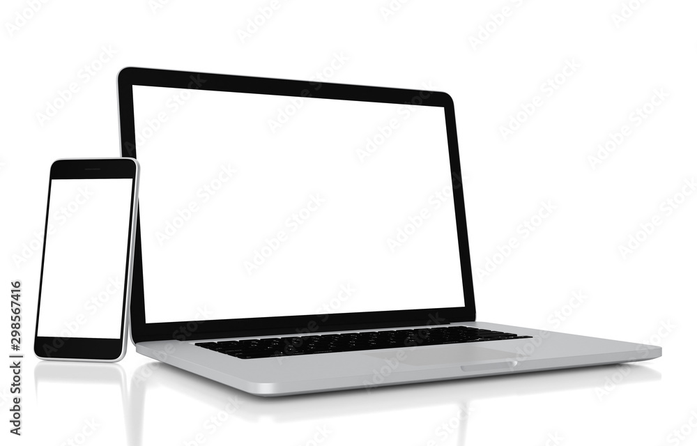 Laptop and smartphone with blank screen isolated on white background ...