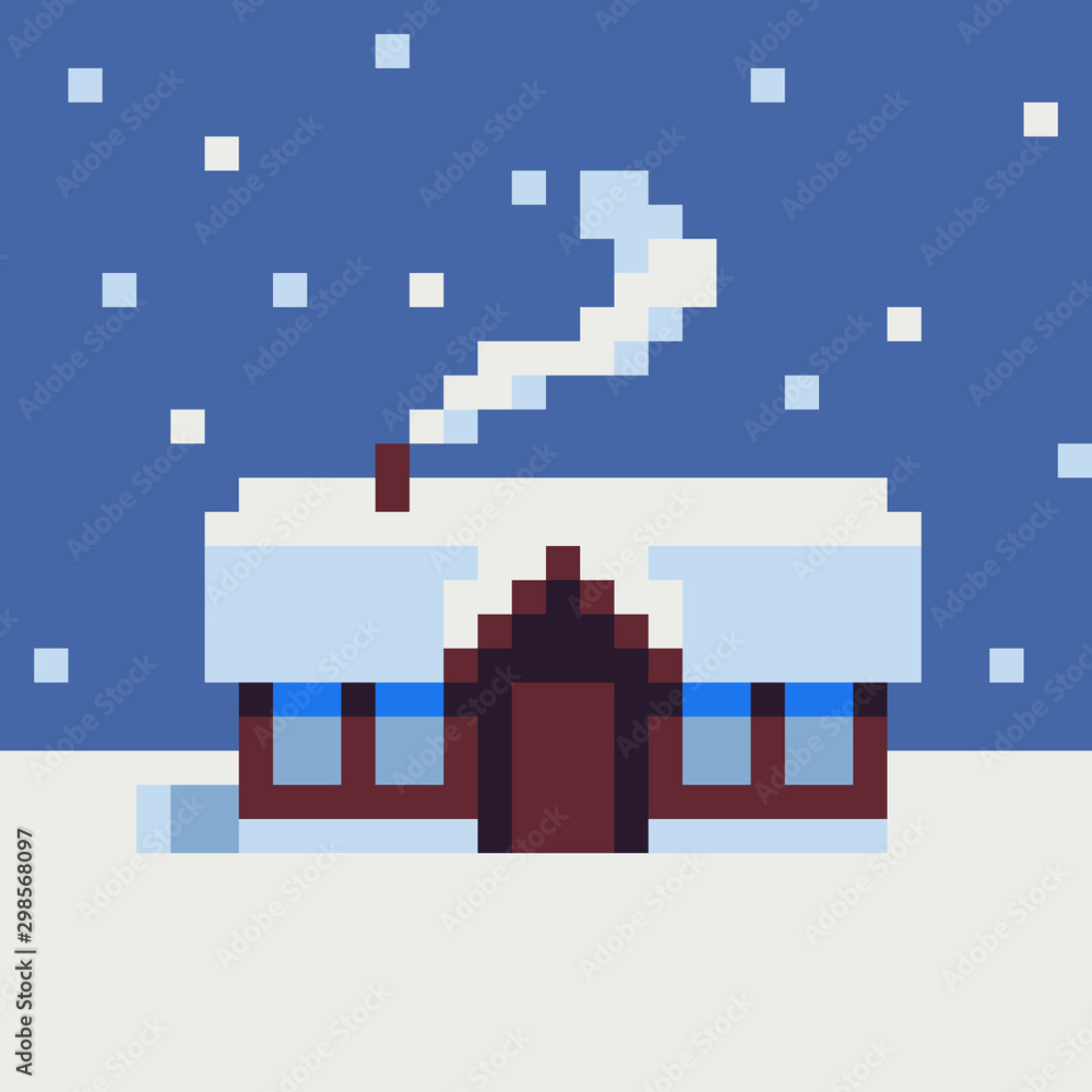 Winter christmas landscape with cartoon house, chimney smoke, pixel art ...