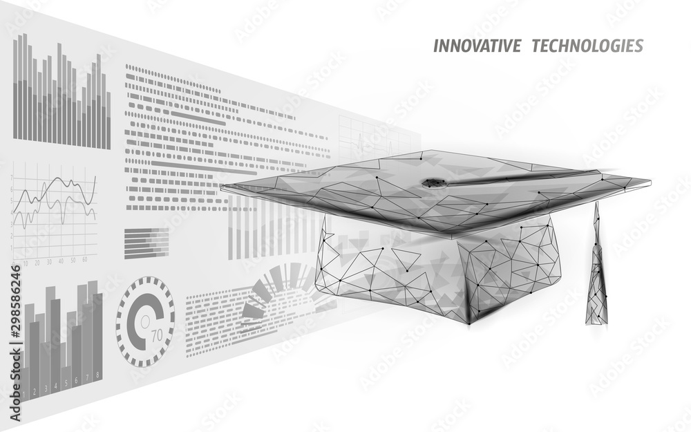E-learning distance graduate certificate program concept. Low poly 3D ...