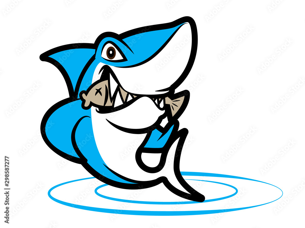 Cartoon shark biting a death fish, swirl water, mascot vector ...