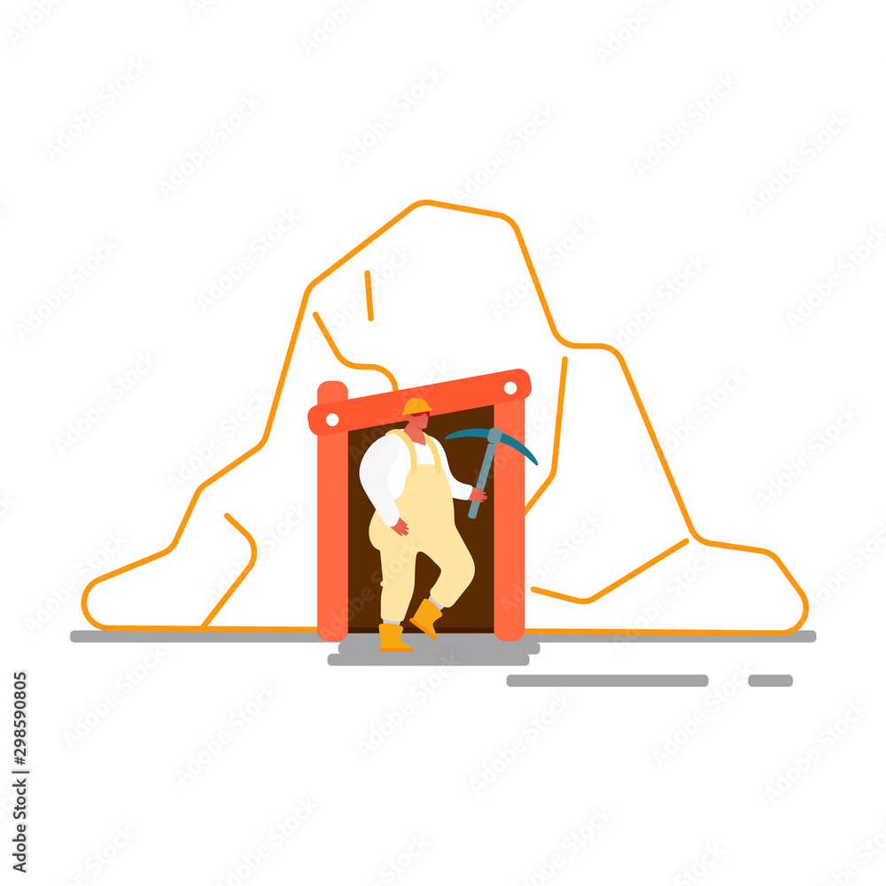 Mineworker in Uniform and Helmet Exit Coal Mine Quarry Holding Pickaxe ...