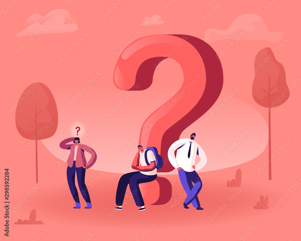 Thoughtful and Doubtful Little Male and Female Characters Thinking Under Huge Question Mark ...