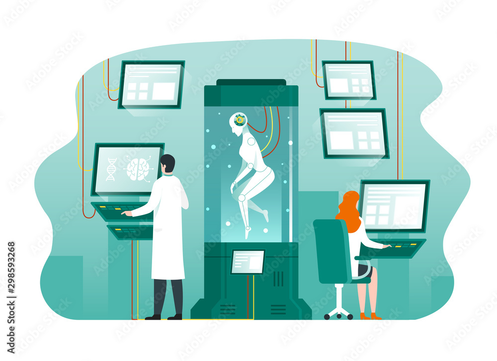 Humanoid robot in science laboratory with scientist working on computer ...