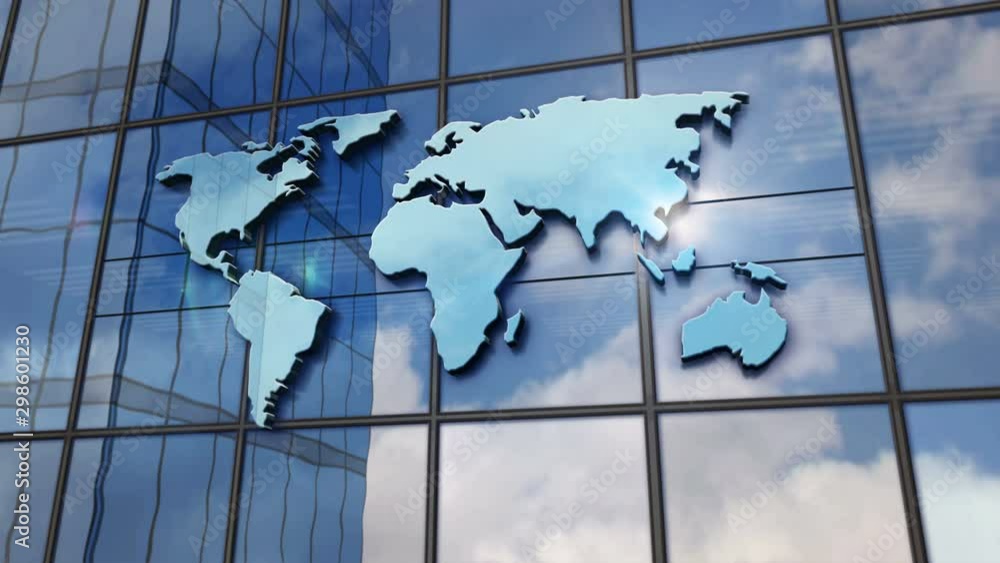 World Map sign glass building. Mirrored sky and city on modern facade ...