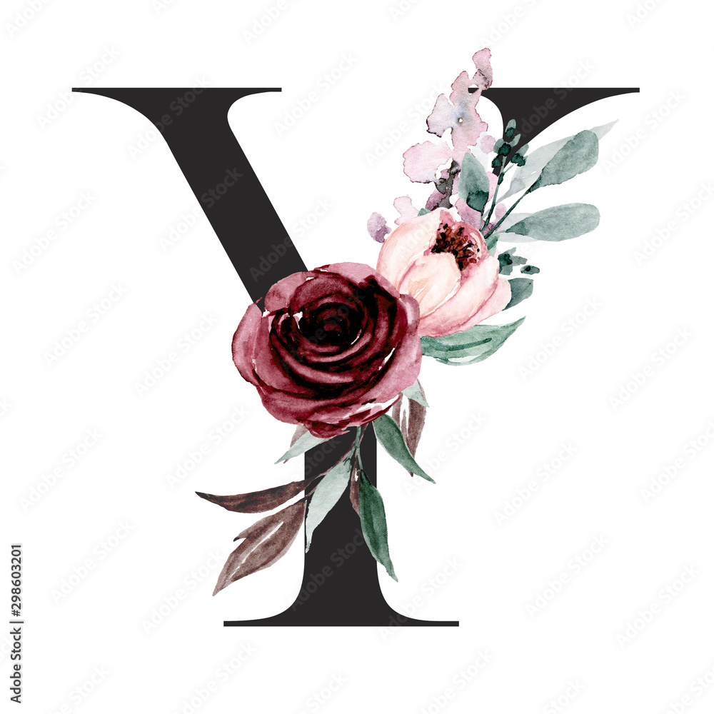 Alphabet, letter Y with watercolor flowers and leaf. Floral monogram ...