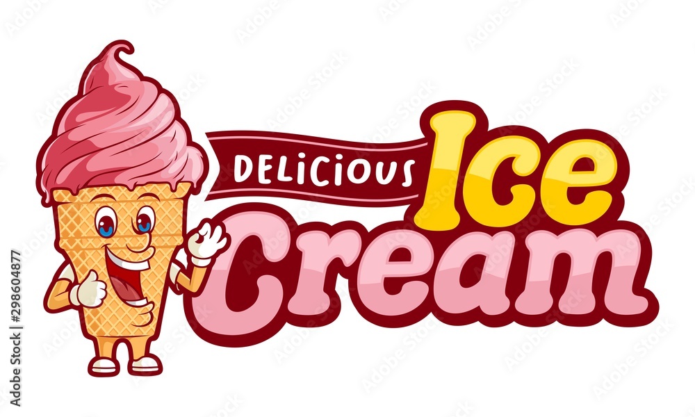 Vetor de Delicious ice cream logo template, with funny character ...