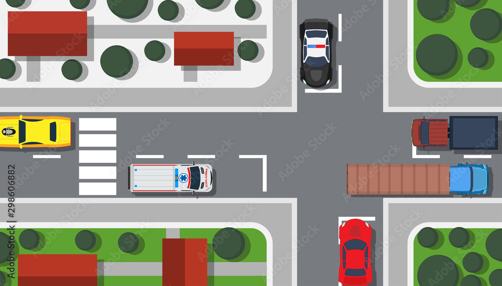 Crossroad top view vector illustration building map. City car game ...
