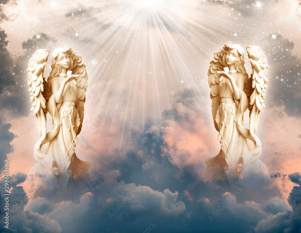two angel archangels with god rays of lights like spiritual and ...