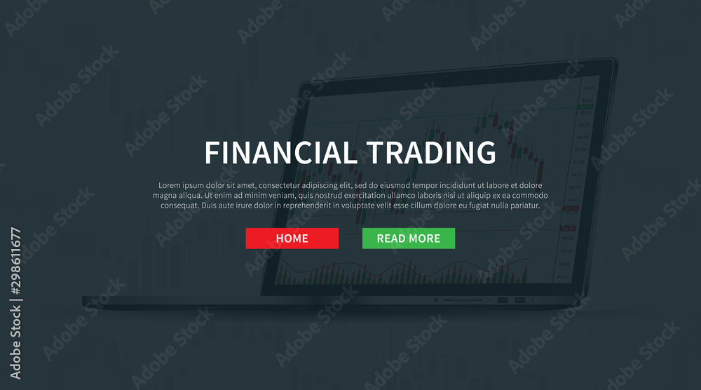 Financial stock trade banner with laptop vector illustration. Computer ...