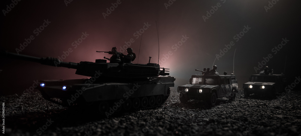 Military patrol car on sunset background. Army war concept. Silhouette ...