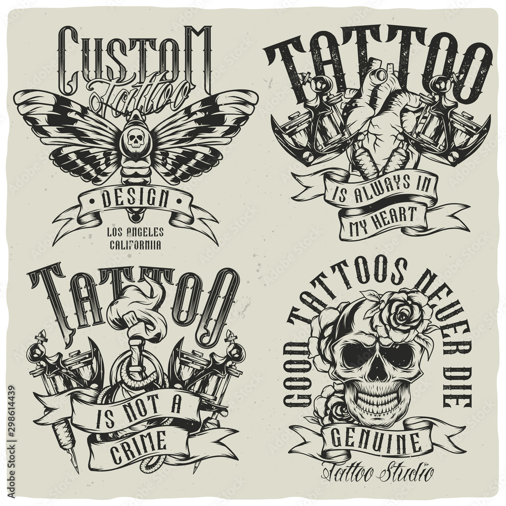 Set of tattoo label designs. Monochrome illustrations with text ...