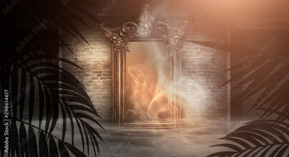 Dark room, a magical antique mirror. Night view of the room, fantasy ...