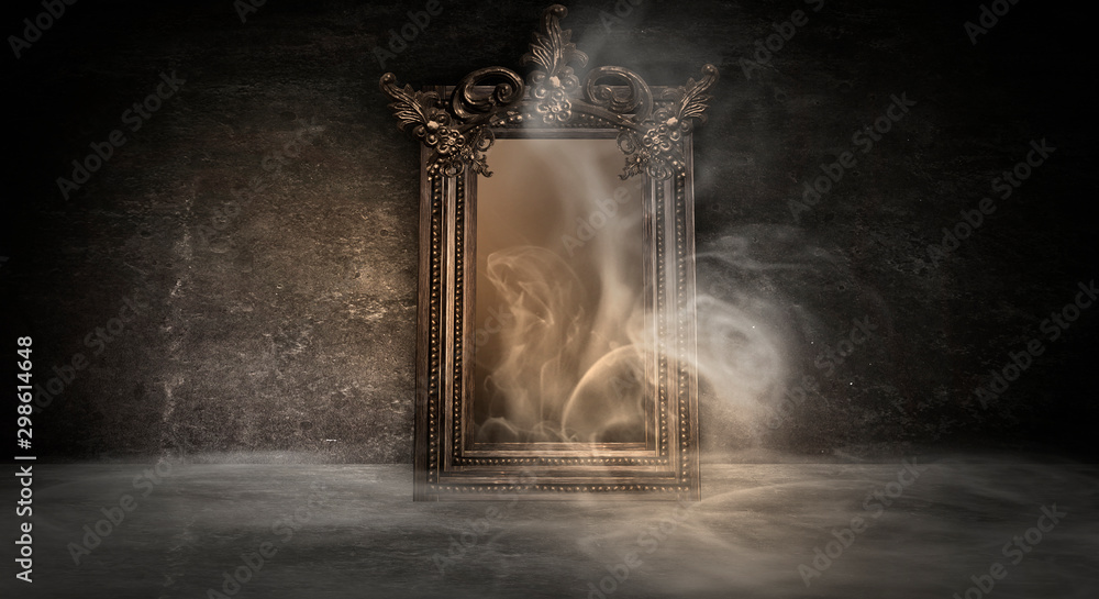 Dark room, a magical antique mirror. Night view of the room, fantasy ...