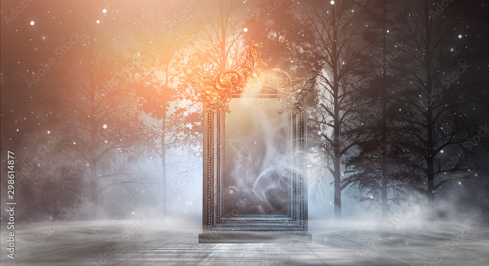 Dark fantasy landscape. Dark forest, magic mirror. Dark scene of a ...