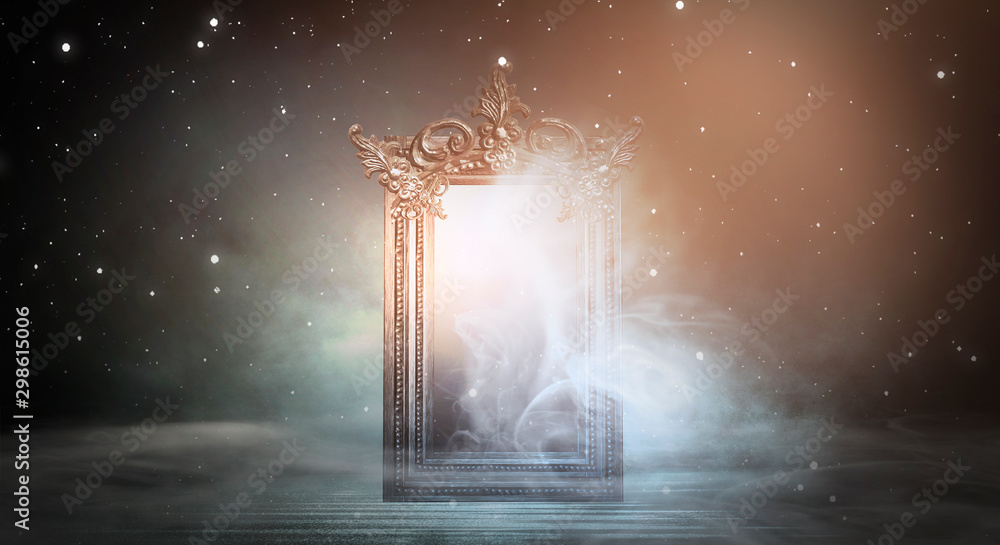 Dark fantasy landscape. Dark forest, magic mirror. Dark scene of a ...