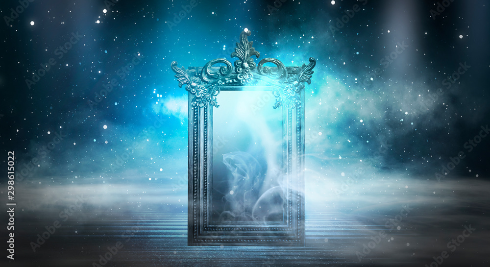 Dark fantasy landscape. Dark forest, magic mirror. Dark scene of a ...