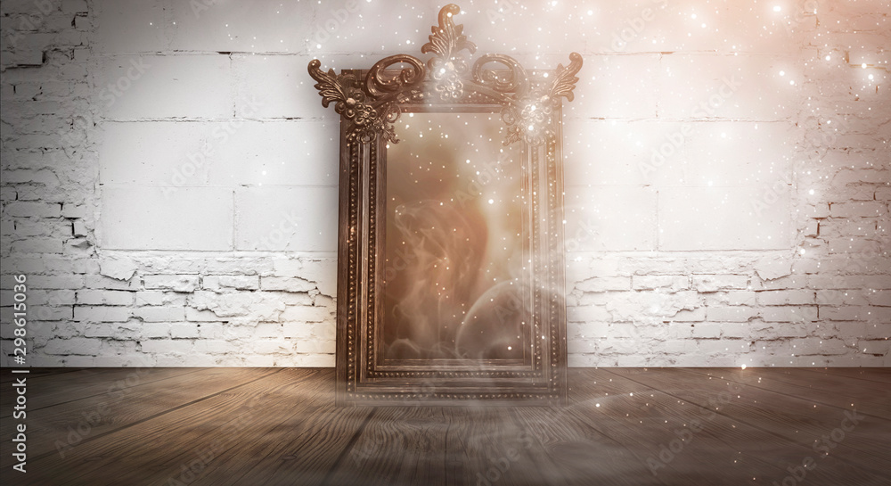 Dark fantasy landscape. Dark forest, magic mirror. Dark scene of a ...