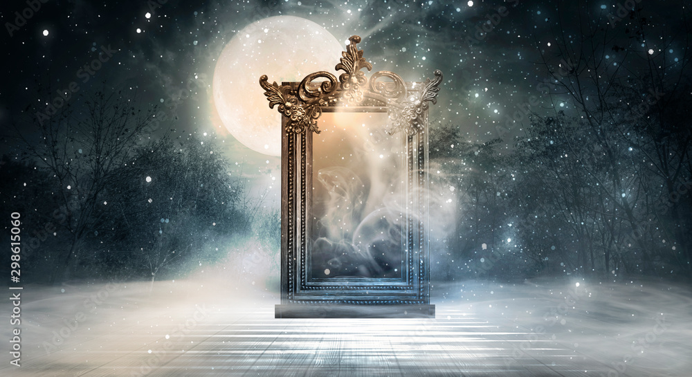 Dark fantasy landscape. Dark forest, magic mirror. Dark scene of a ...