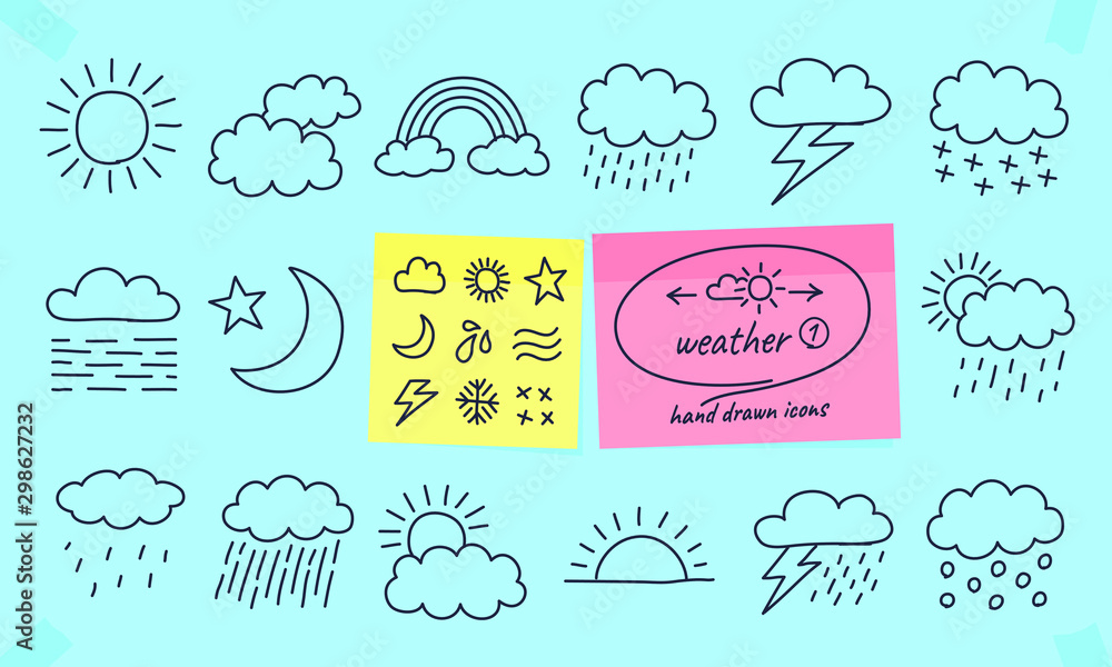Weather conditions symbols in drawing, doodle style. Concept of clouds ...