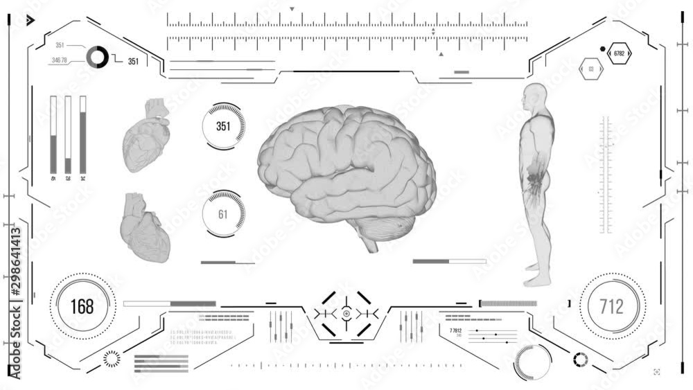 Human brain scan. Futuristic medical user interface with HUD and ...