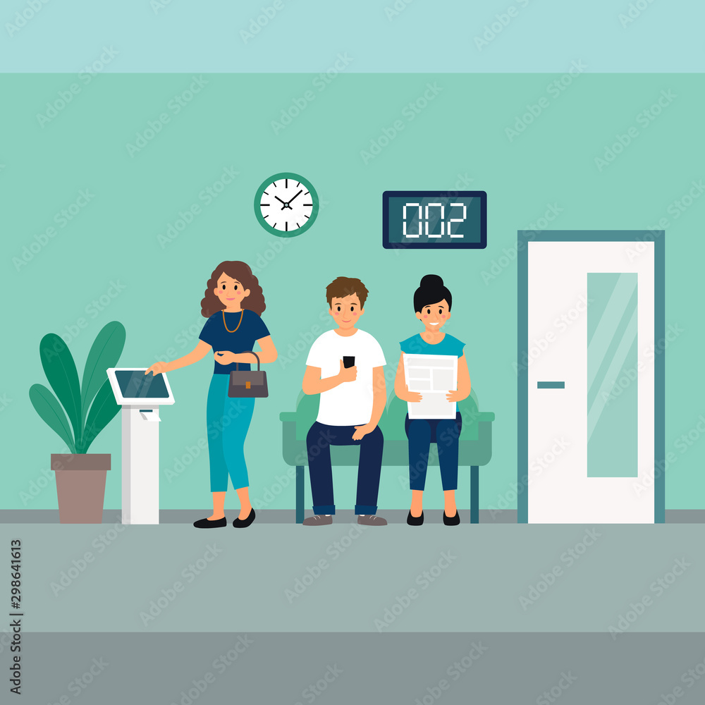 Woman is taking the ticket from Smart Queue Management System machine ...