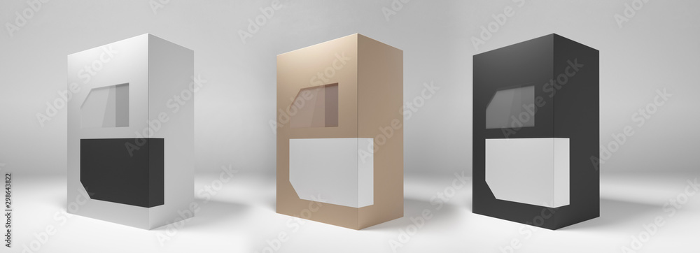 Rectangular white cardboard box with a window and label. 3D render ...