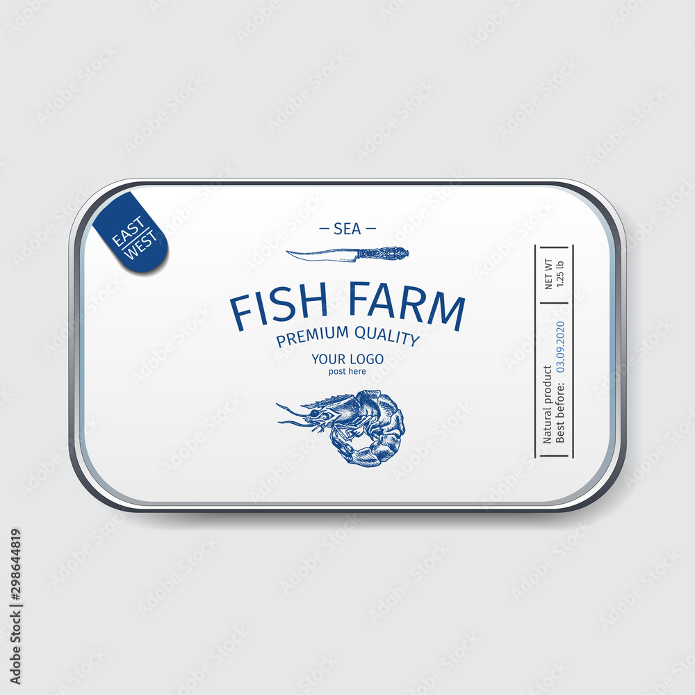 Packaging for seafood. Label for boxing natural products. Shrims. Stock ...
