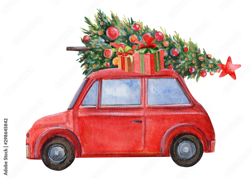 red car with christmas tree and gifts on an isolated white background ...