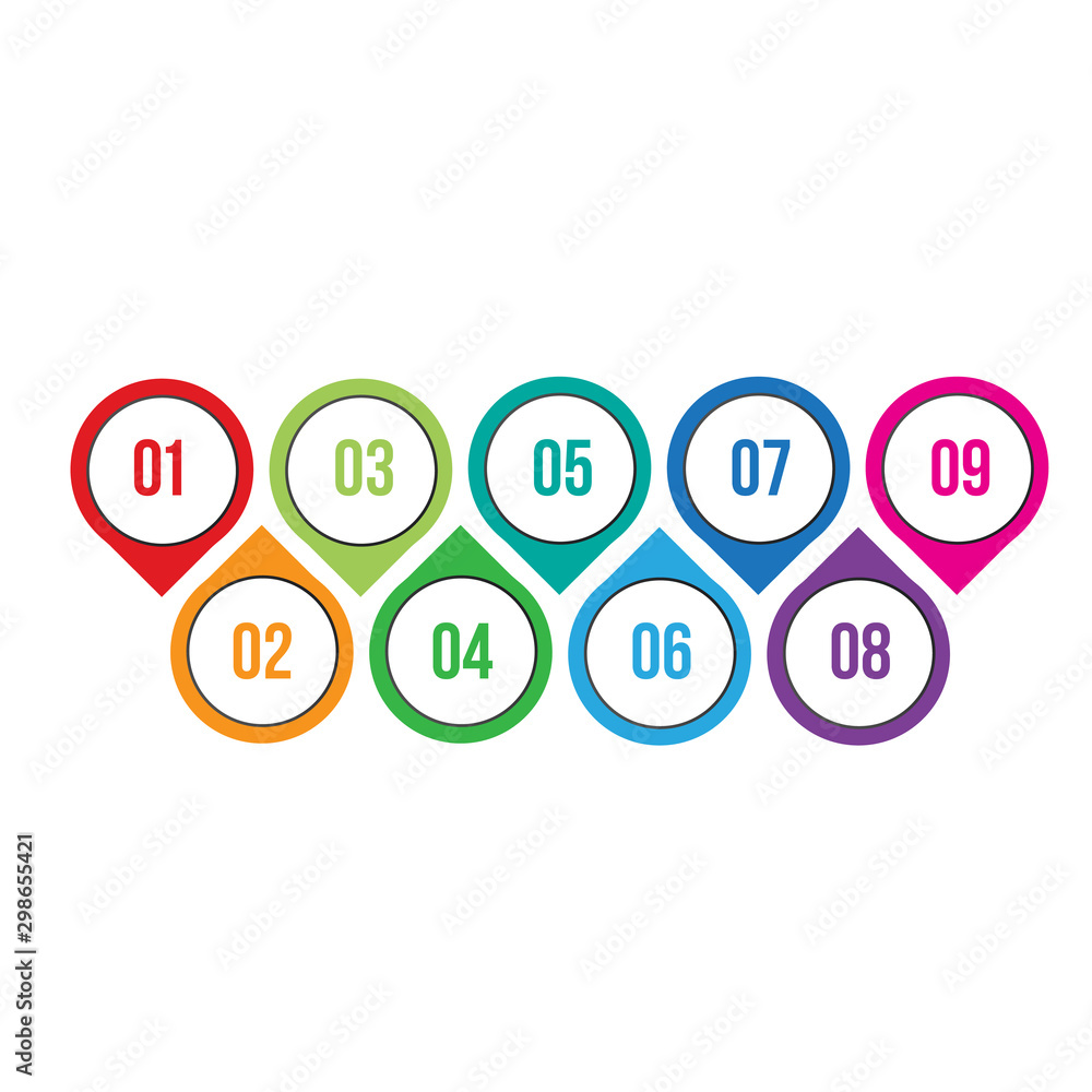 Horizontal colorful Infographic with location marker or map pins. 9 ...