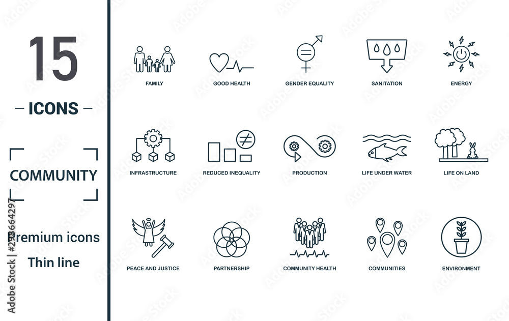 Community icon set. Include creative elements family, gender equality ...