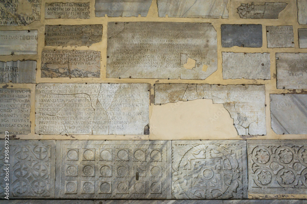 Plates of roman tombs in the church of Santa Maria in Trastevere in the ...