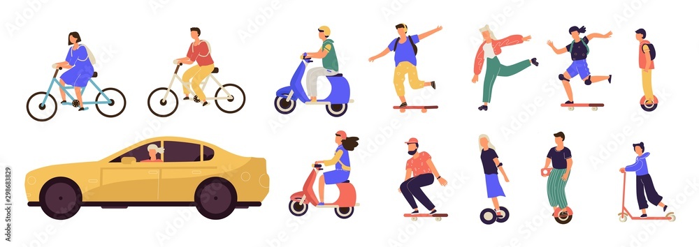 People riding. Cartoon characters on modern electric city transport ...