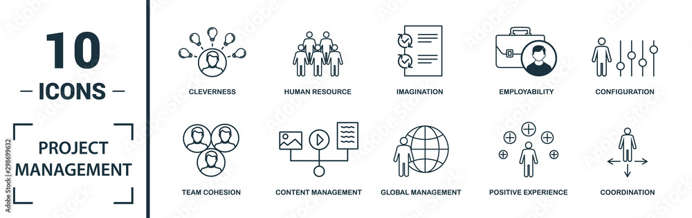 Project Management icon set. Include creative elements goal seeking ...