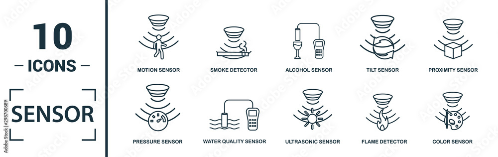 Sensor icon set. Include creative elements water quality sensor, smoke ...