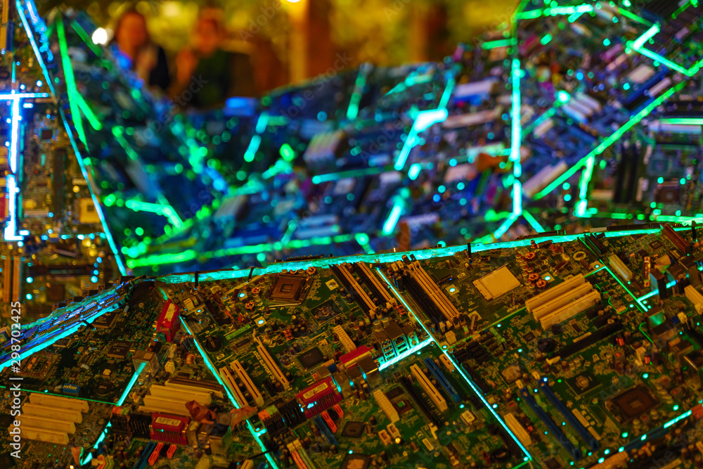 Close up view at installation art with recycle computer motherboards ...