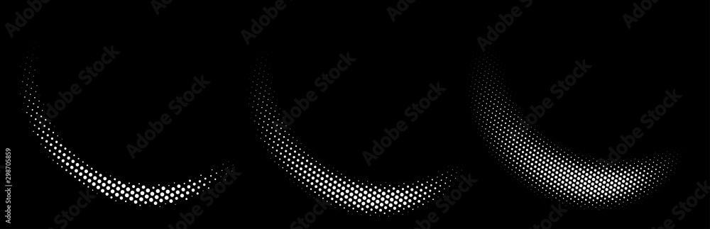 Set of halftone dots curved gradient pattern texture isolated on white background. Curve dotted ...