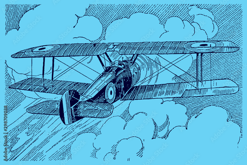 Historical british single-engine one-seat biplane in back view, flying ...