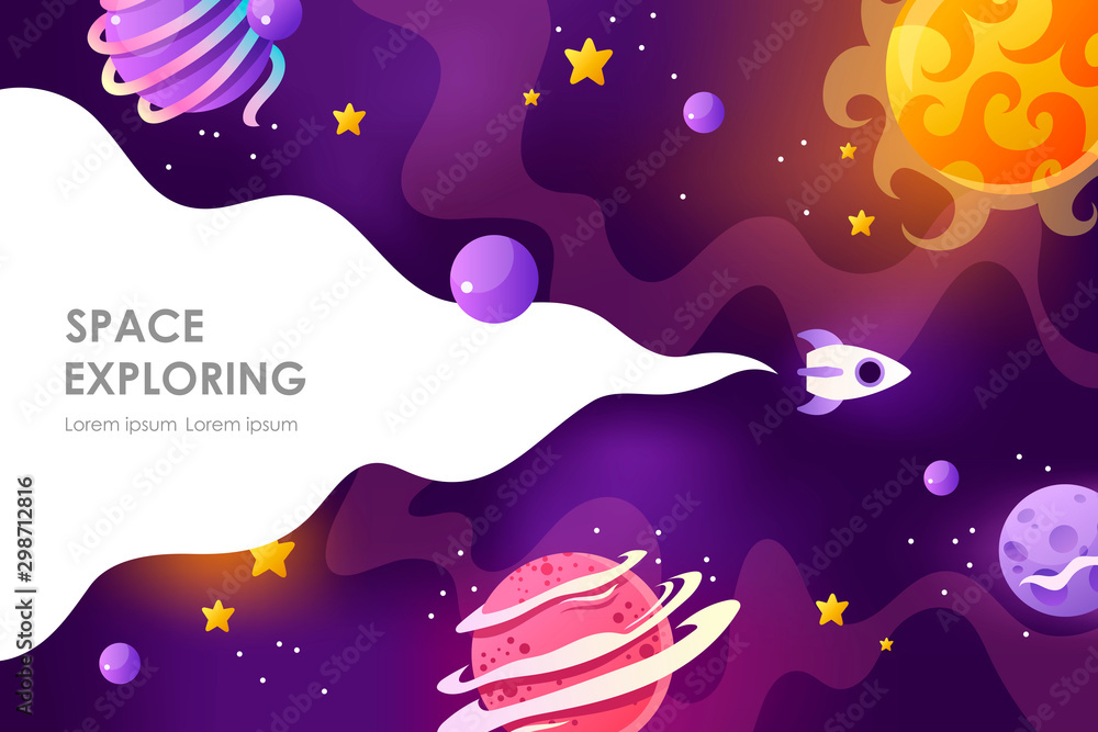 Horizontal space background with abstract shape and planets. Cartoon ...