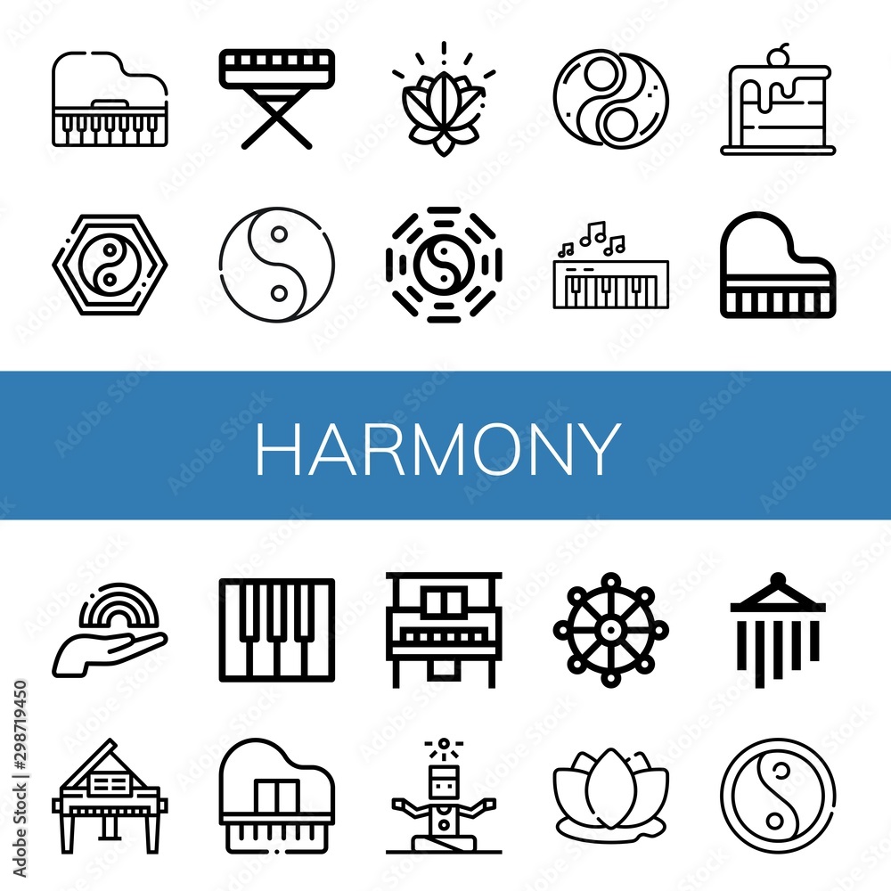 Set of harmony icons such as Piano, Yin yang, Ying yang, Lotus, Taoism ...