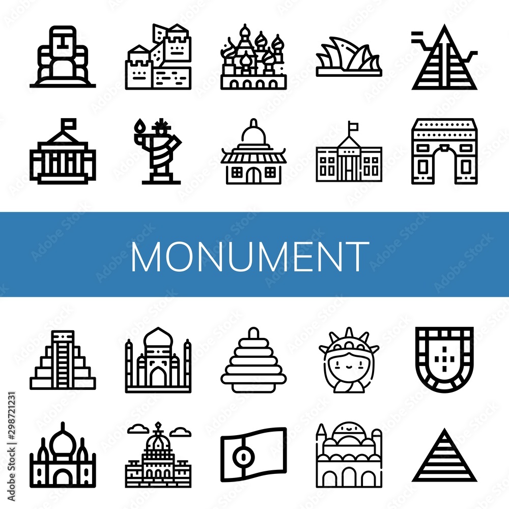 Set of monument icons such as Moai, White house, Great wall of china ...