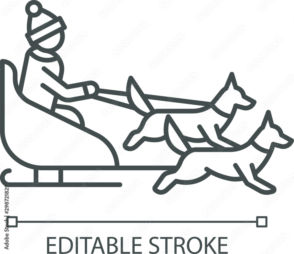 Dog sledding linear icon. Winter extreme sport, risky activity and ...