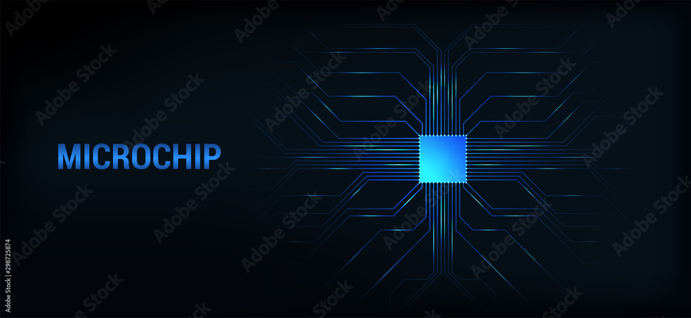 Microchip processor dark background. Circuit board banner, concept AI ...