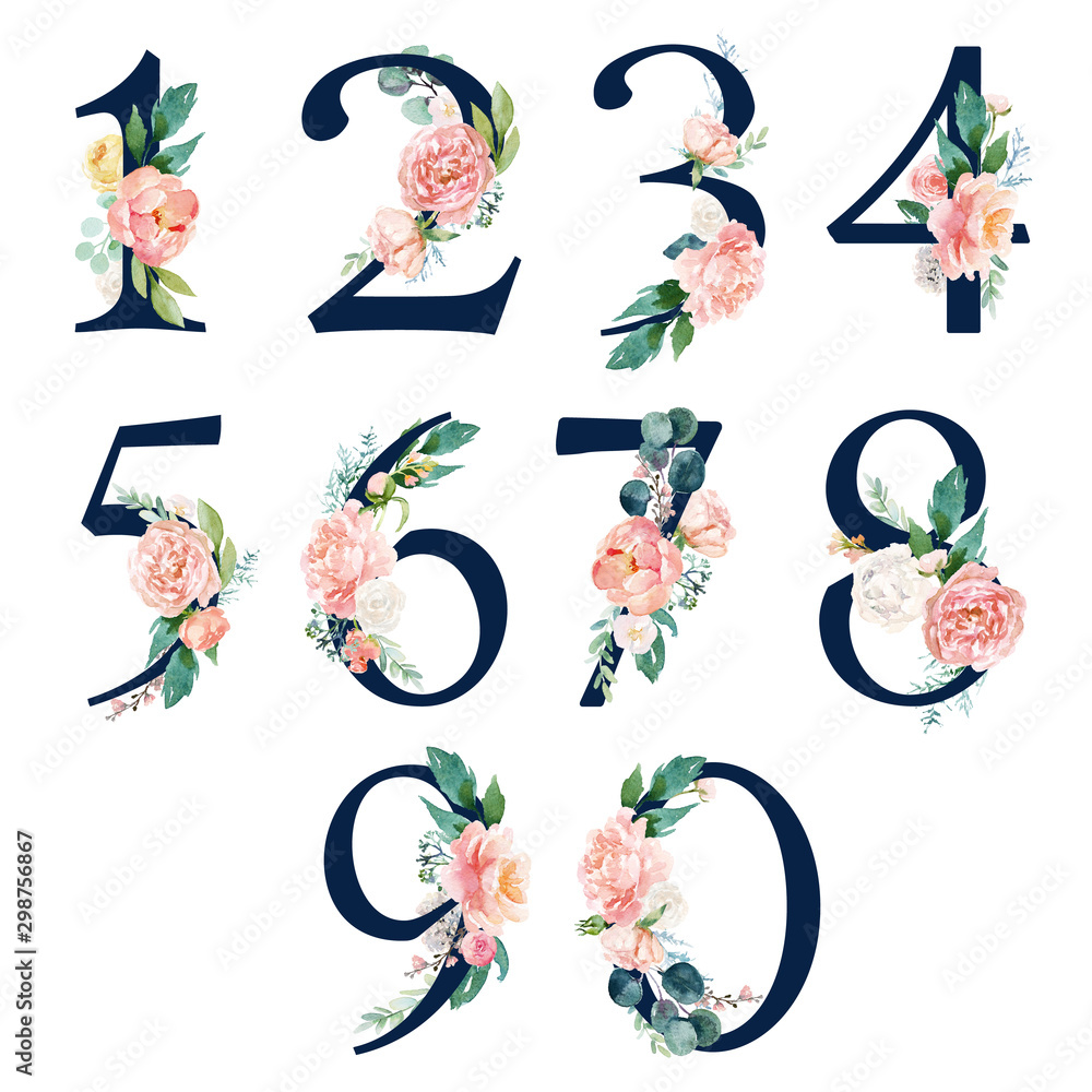 Navy Floral Number Set - digits 1, 2, 3, 4, 5, 6, 7, 8, 9, 0 with ...