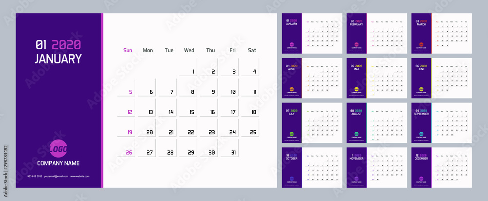 Business Corporate Calendar Planner Template for 2020. Vector design ...