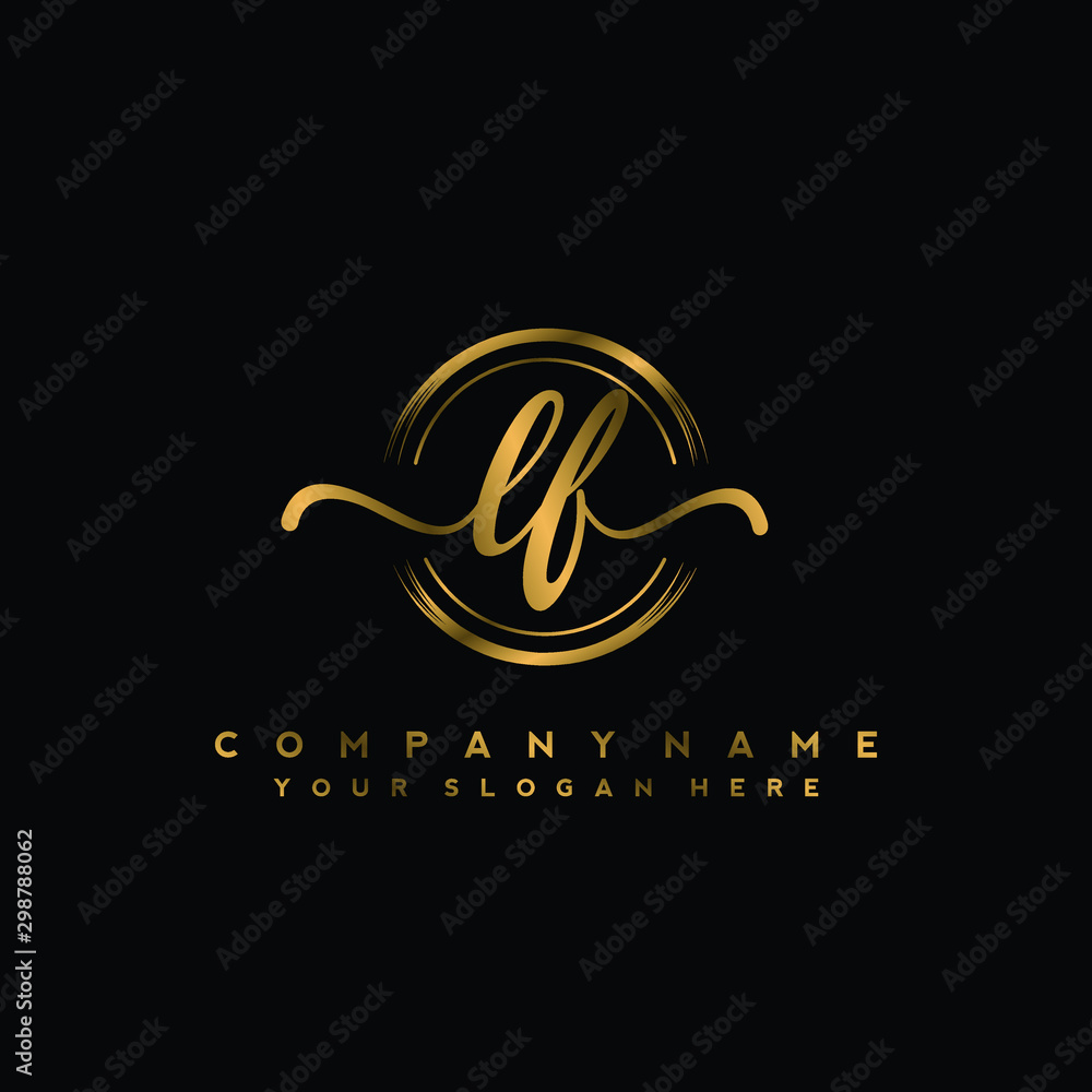 LF Initial handwriting logo design with golden brush circle. Logo for ...