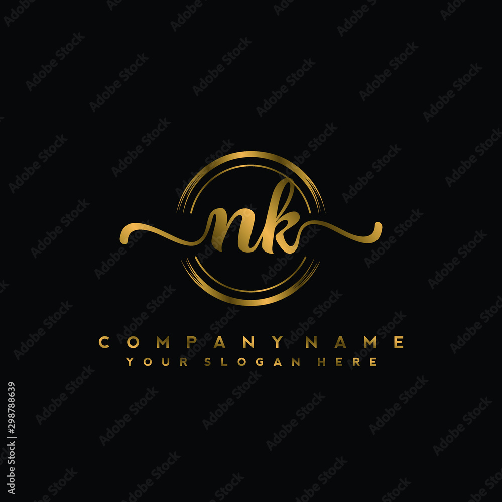 NK Initial handwriting logo design with golden brush circle. Logo for ...